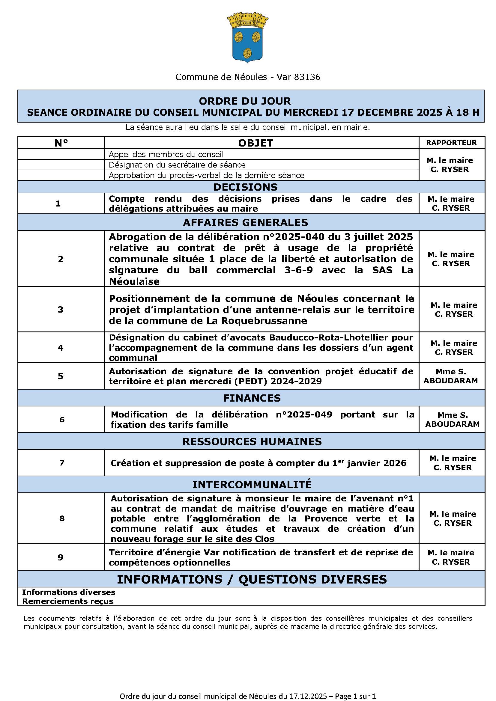 Ordre du jour du conseil municipal du 17 décembre 2025 - Néoules
