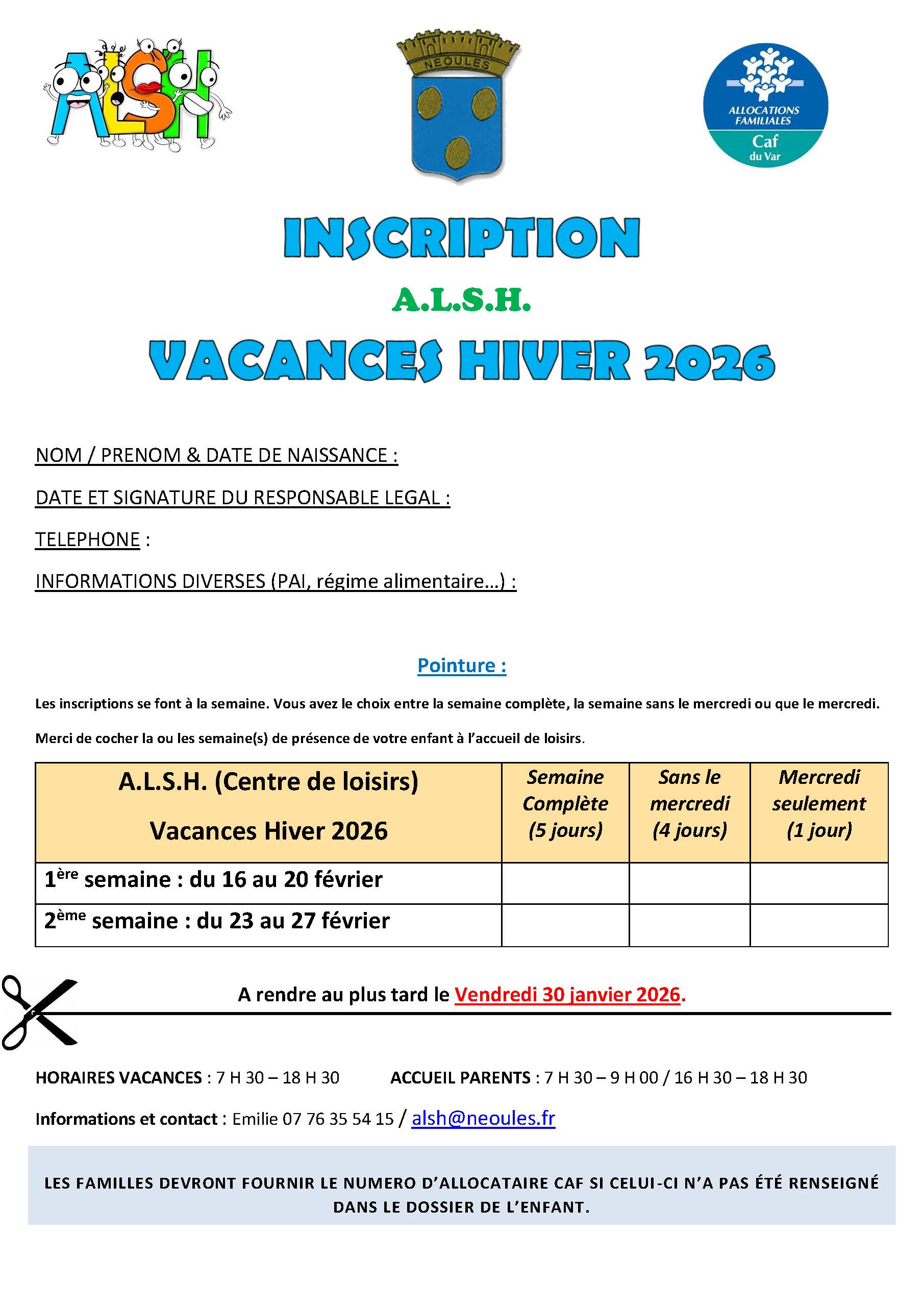 Inscription au centre de loisirs pour les vacances d'hiver 2026 - Néoules